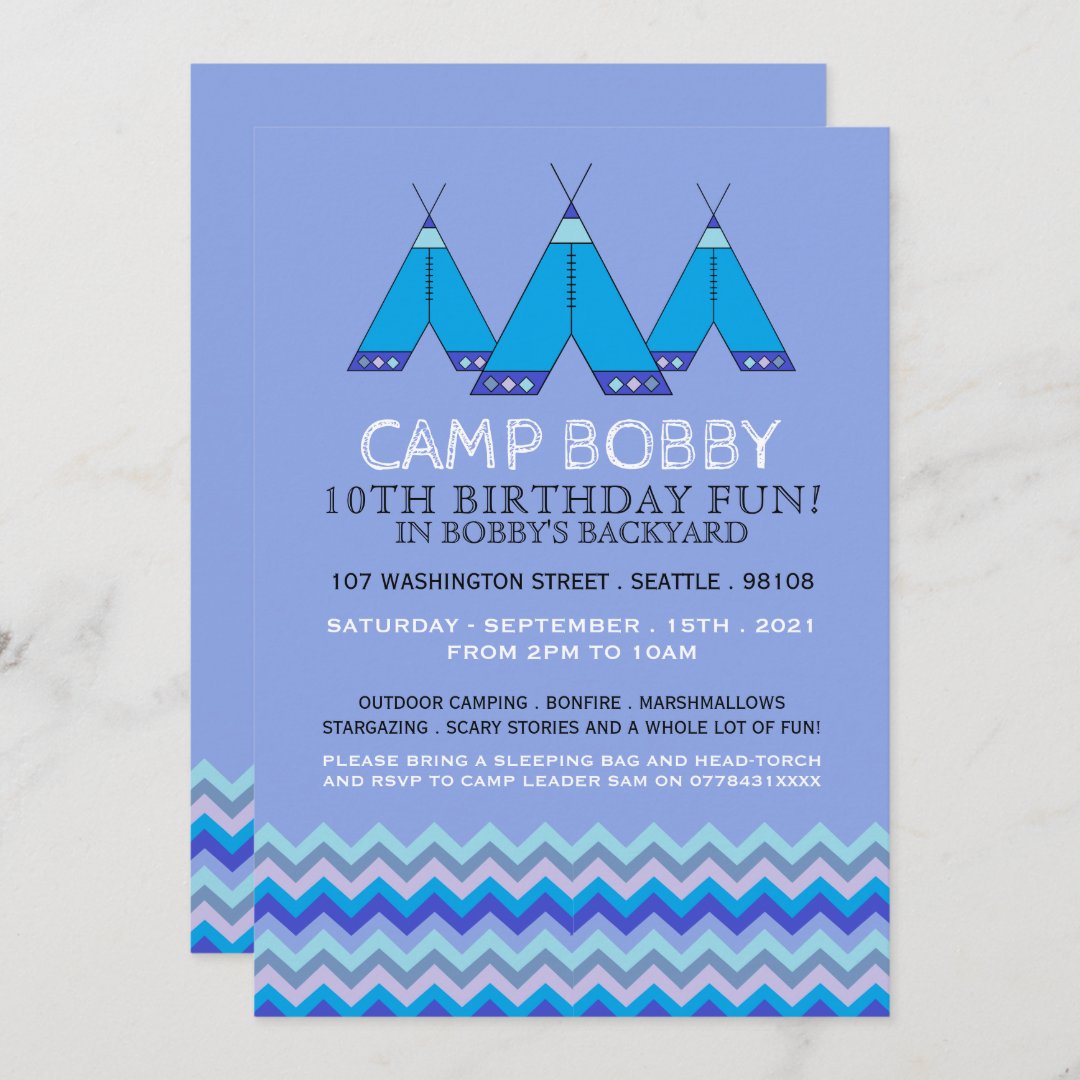 Blue Chevron Tipi, Camping Birthday Invitation | Zazzle