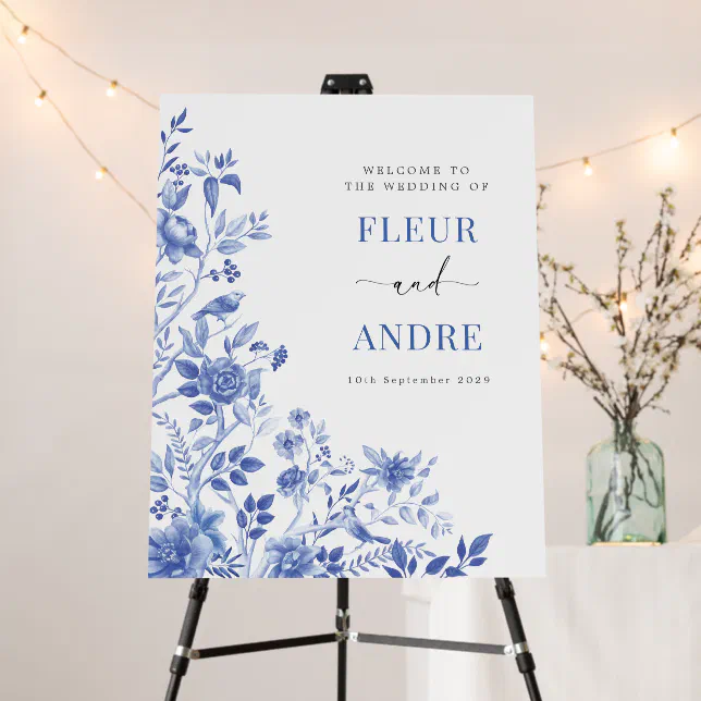 Blue Chinoiserie Birds & Peony Wedding Welcome Foam Board | Zazzle