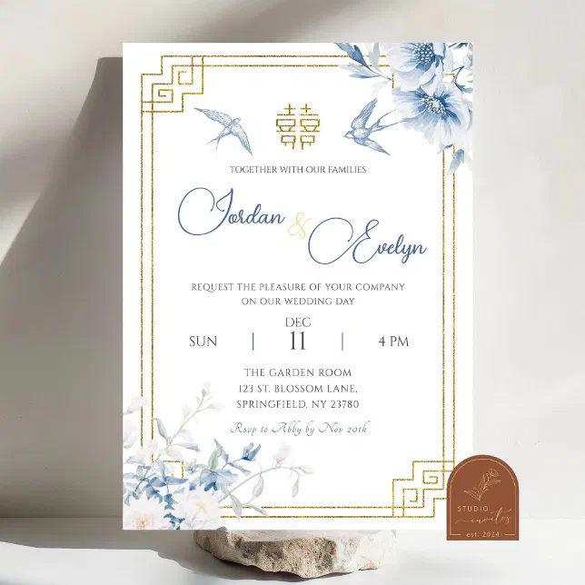 Blue Chinoiserie Chinese Wedding Invitation | Zazzle