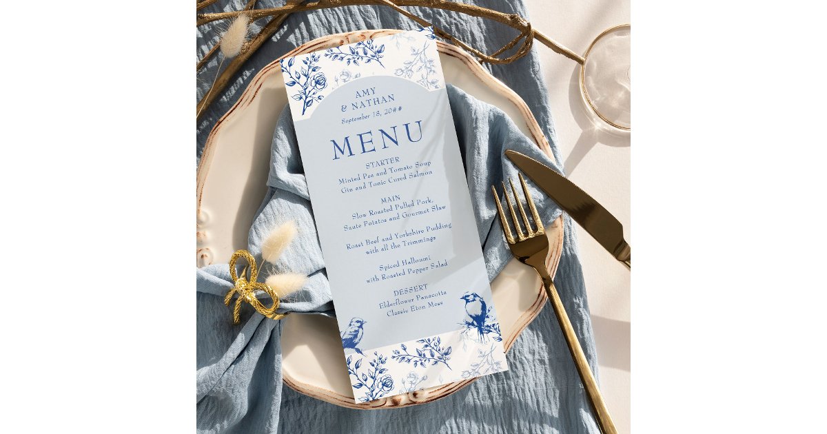 Blue Chinoiserie Elegant Floral Wedding Menu | Zazzle