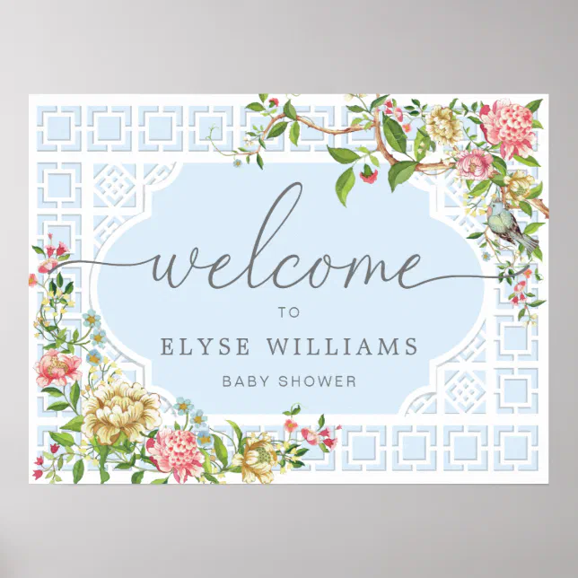 Blue Chinoiserie Floral Baby Shower Welcome Sign | Zazzle