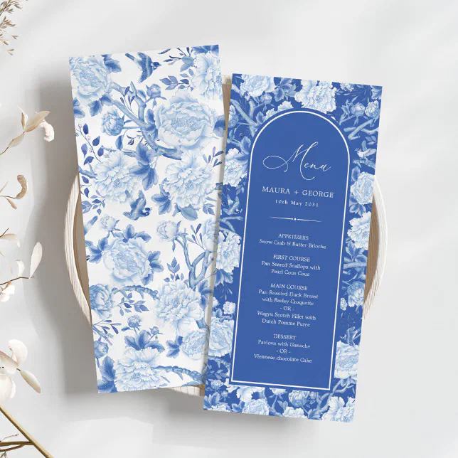 Blue Chinoiserie Floral Porcelain Menu Card | Zazzle