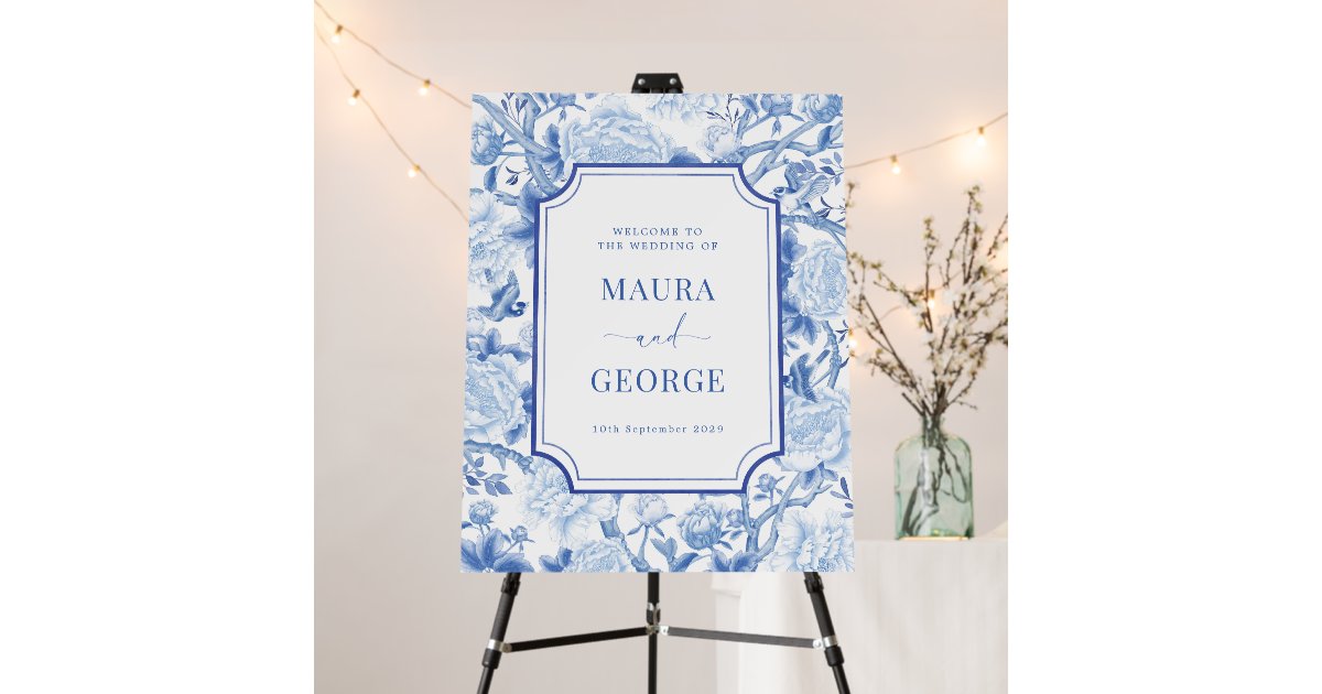 Blue Chinoiserie Floral Porcelain Wedding Welcome Foam Board | Zazzle