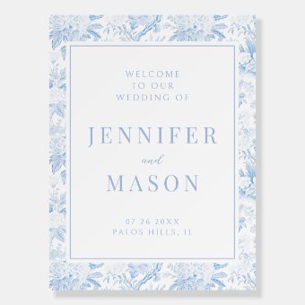 Blue chinoiserie floral wedding welcome sign | Zazzle