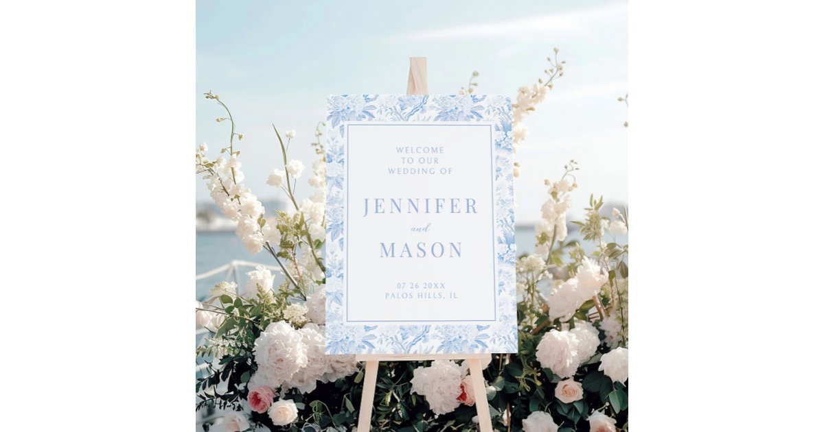 Blue chinoiserie floral wedding welcome sign | Zazzle