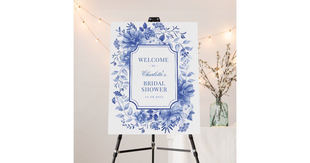 Blue Chinoiserie Flowers Bridal Shower Welcome Foam Board | Zazzle