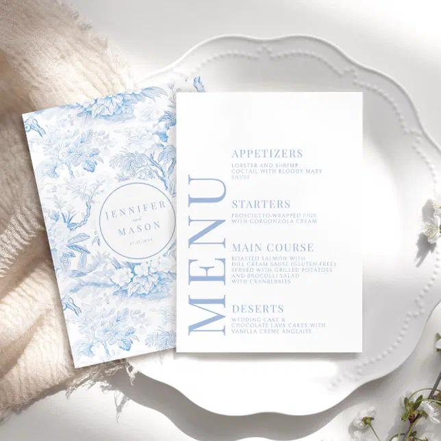 Blue chinoiserie porcelain wedding menu cards | Zazzle
