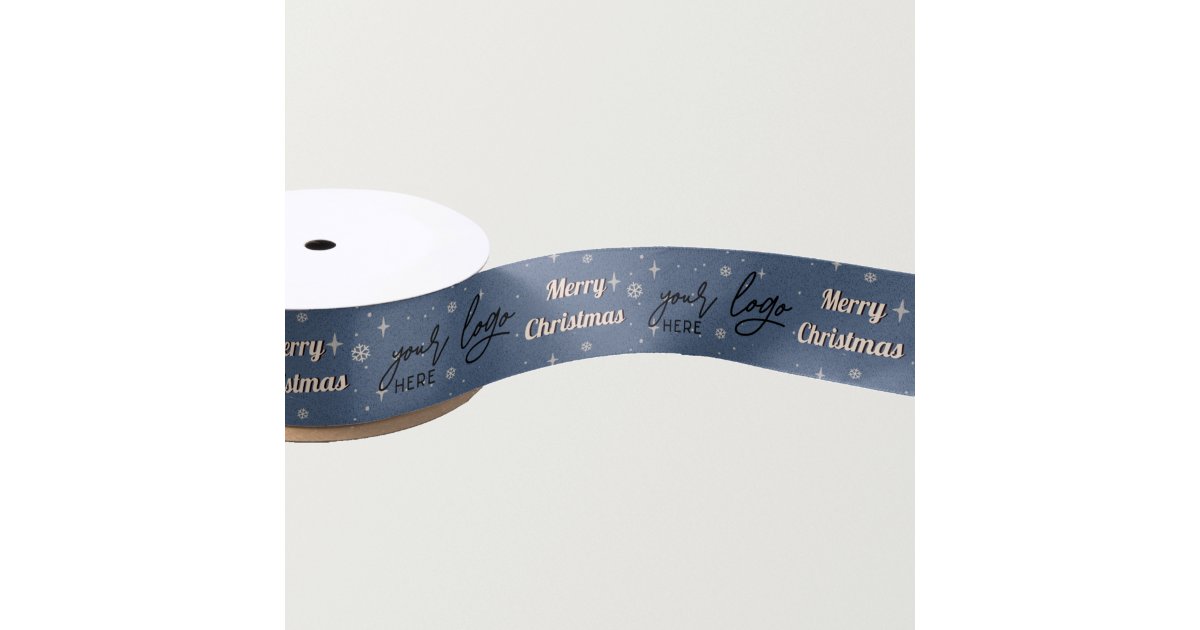 Blue Christmas Business Logo Holiday Greeting Satin Ribbon | Zazzle