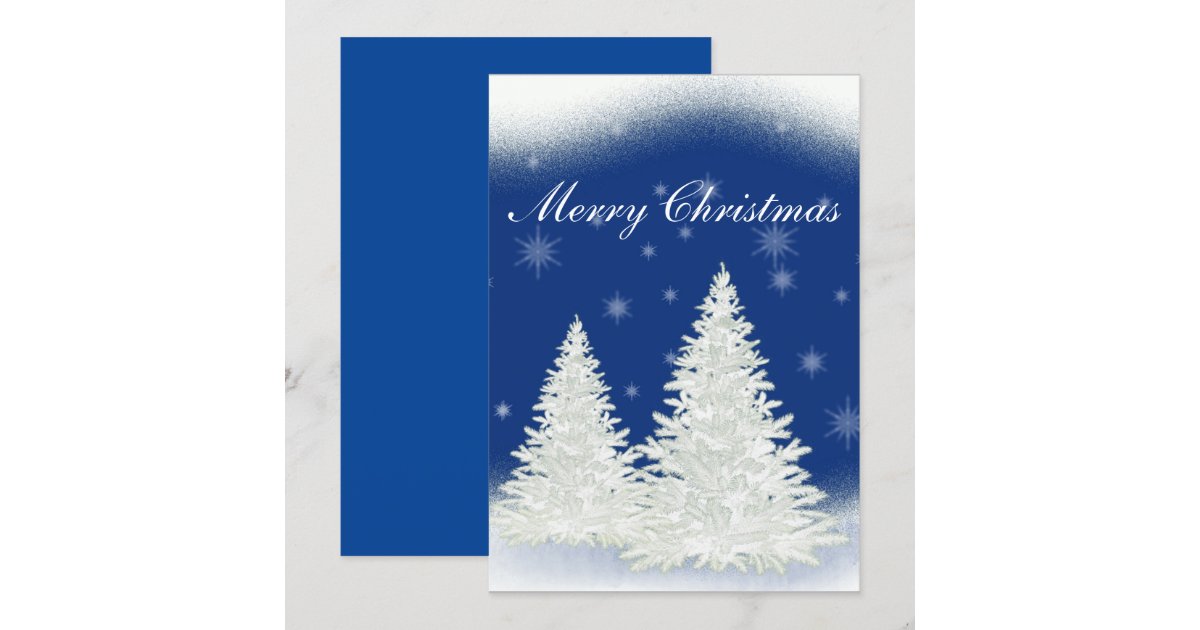 Blue Christmas card with white tree. | Zazzle
