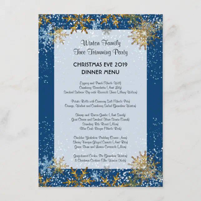 Blue Christmas Family Dinner Menu Template | Zazzle