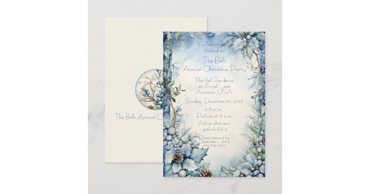 Blue Christmas Flowers Annual Christmas Party Invitation | Zazzle