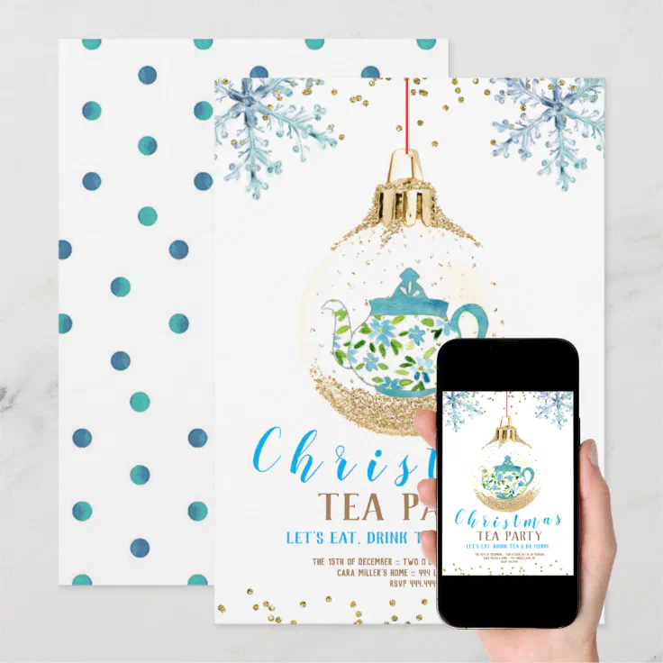 Blue Christmas Holiday Tea Party Invitation | Zazzle