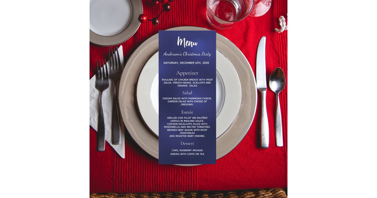 Blue Christmas party dinner menu card | Zazzle