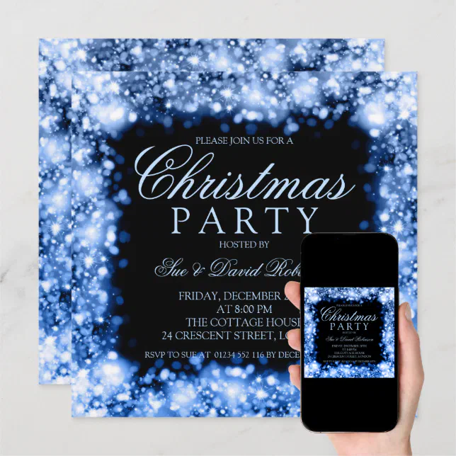 Blue Christmas Party Sparkling Lights Invitation | Zazzle