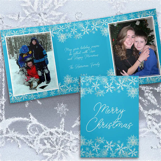 Blue Christmas Photos Snowflakes Tri-Fold Holiday Card | Zazzle