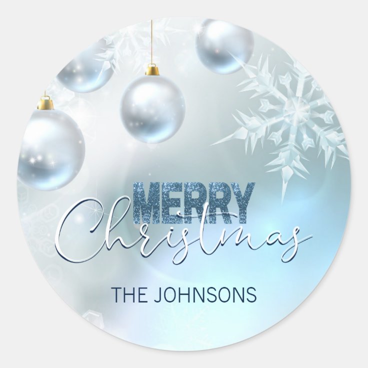 Blue Christmas Snowflake Snow Baubles Classic Round Sticker | Zazzle