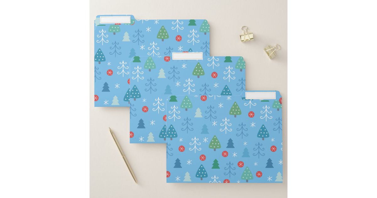 Blue Christmas Tree and Snow Pattern 1 File Folder | Zazzle
