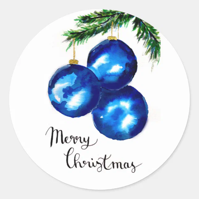 Blue Christmas Tree Ornaments Classic Round Sticker | Zazzle