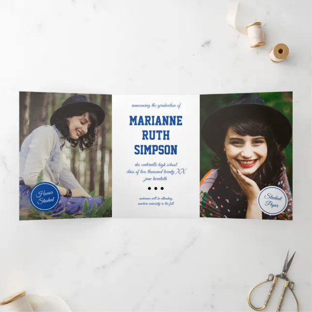 Blue Circles 5-Photo Graduation Tri-Fold Invitation | Zazzle