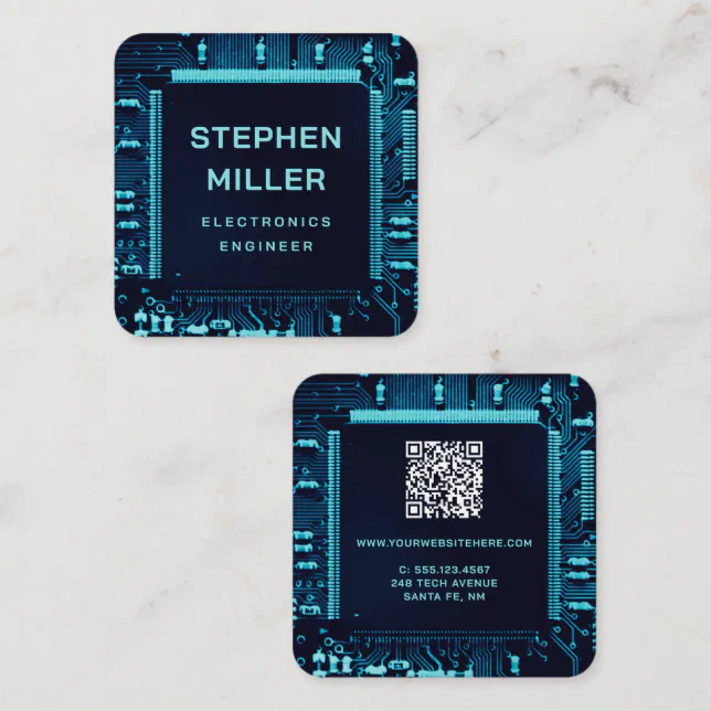 Blue Circuit Board QR Code Electronics Engineer Square Business Card ...