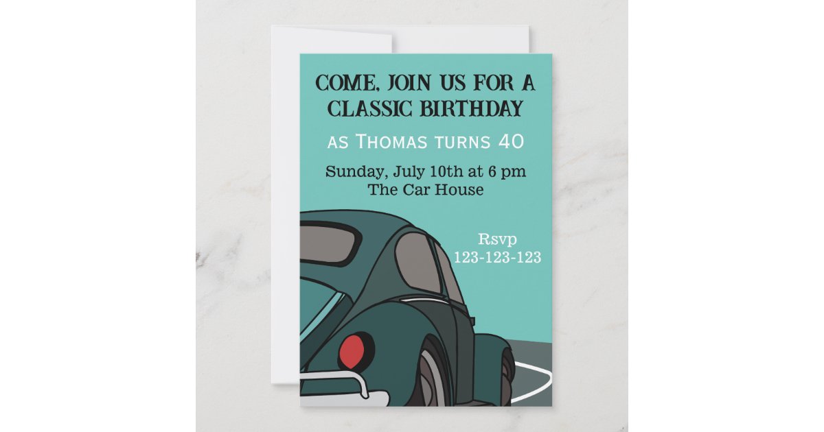 Blue Classic Car Birthday Invitation | Zazzle