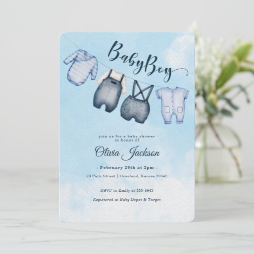Blue Clothesline Baby Clothes Sky Boy Baby Shower Invitation | Zazzle