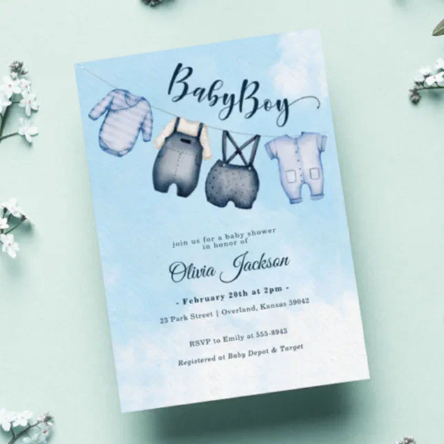Blue Clothesline Baby Clothes Sky Boy Baby Shower Invitation | Zazzle