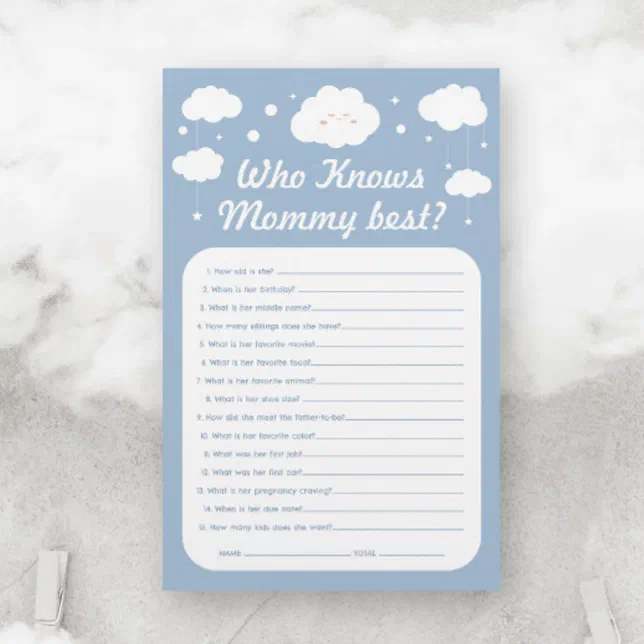 Blue Cloud Baby Shower Game Who Knows Mommy Best | Zazzle