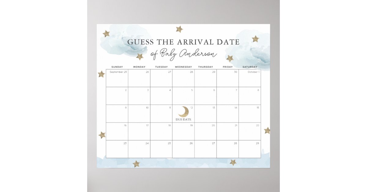 Blue Clouds & Stars Guess The Due Date Calendar Poster | Zazzle