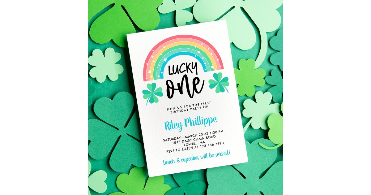Blue Clover & Rainbow Lucky One First Birthday Invitation | Zazzle