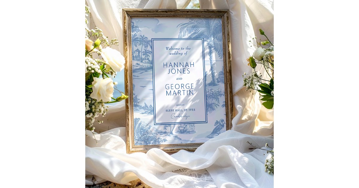 Blue Coastal Toile Wedding Welcome Reception sign | Zazzle