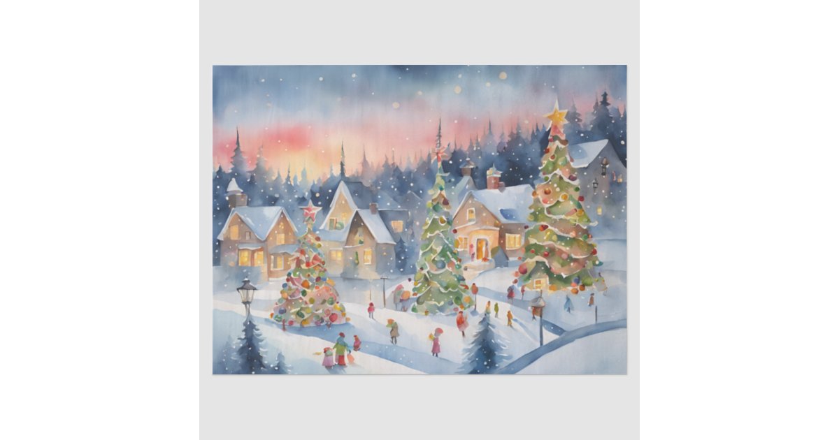 Blue Colorful Watercolor Decoupage Winter Scene Tissue Paper | Zazzle