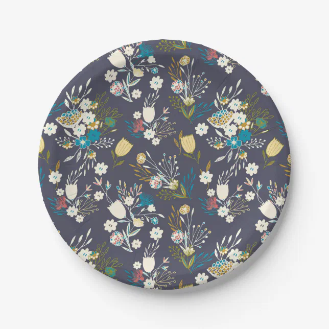 Blue Colour Floral Paper Plates | Zazzle