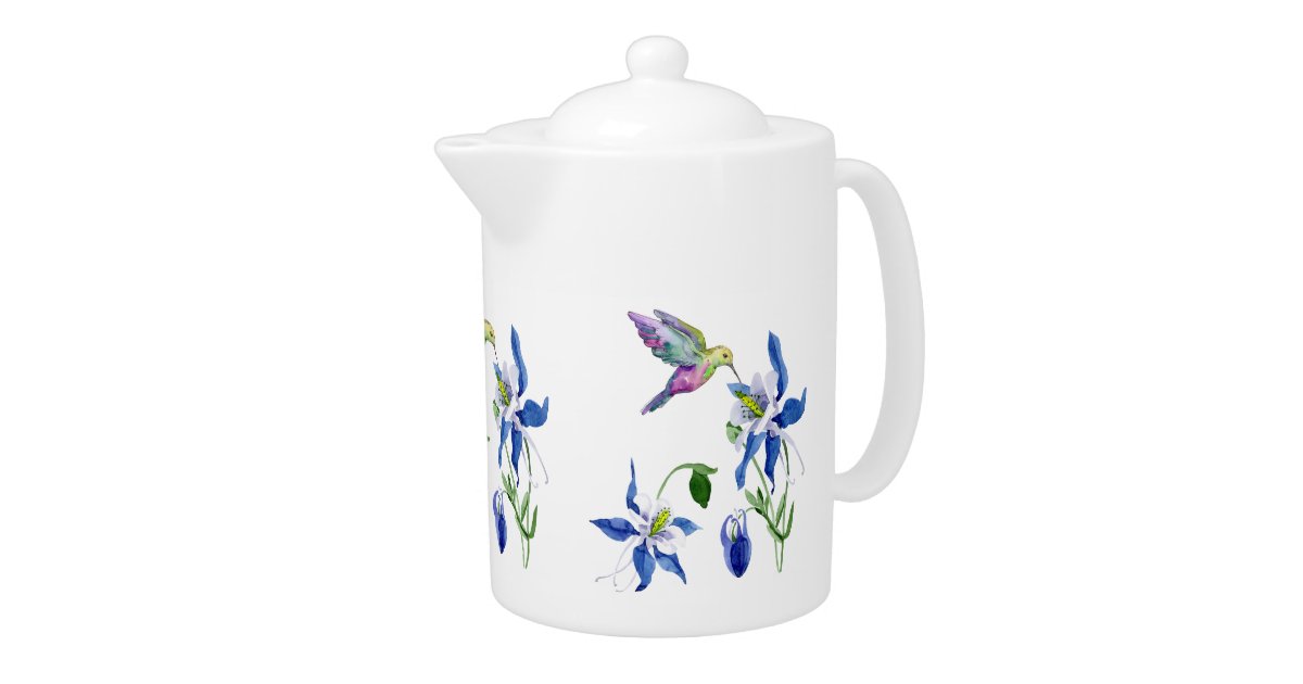 Blue Columbine Garden Hummingbird Teapot | Zazzle