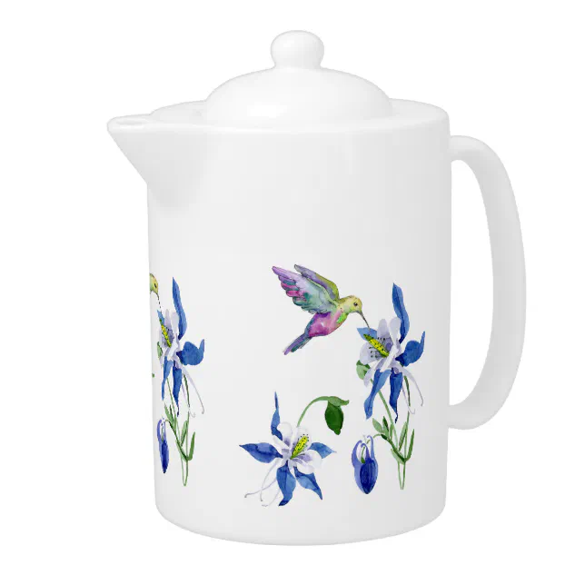 Blue Columbine Garden Hummingbird Teapot | Zazzle