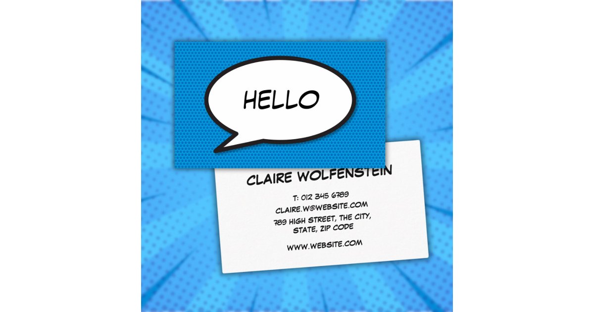 Blue Comic Book Pop Art Speech Bubble Hello Business Card Zazzle