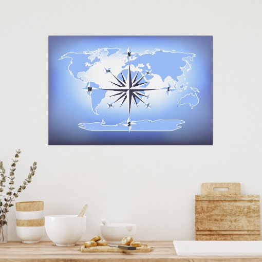 Blue Compass Rose World Map Poster | Zazzle