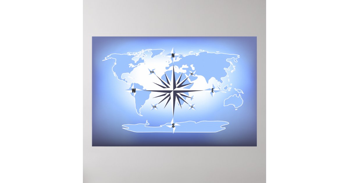 Blue Compass Rose World Map Poster | Zazzle