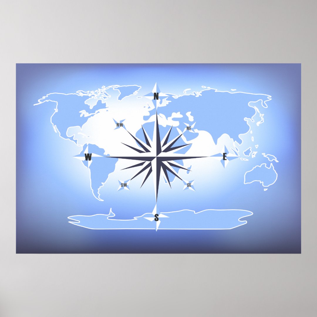 Blue Compass Rose World Map Print Poster | Zazzle