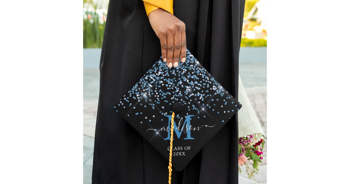 Blue Confetti Monogram Name Graduation Cap Topper | Zazzle