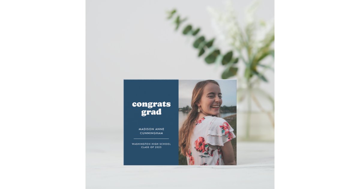 Blue Congrats Grad Photo Graduation Invitation Postcard | Zazzle