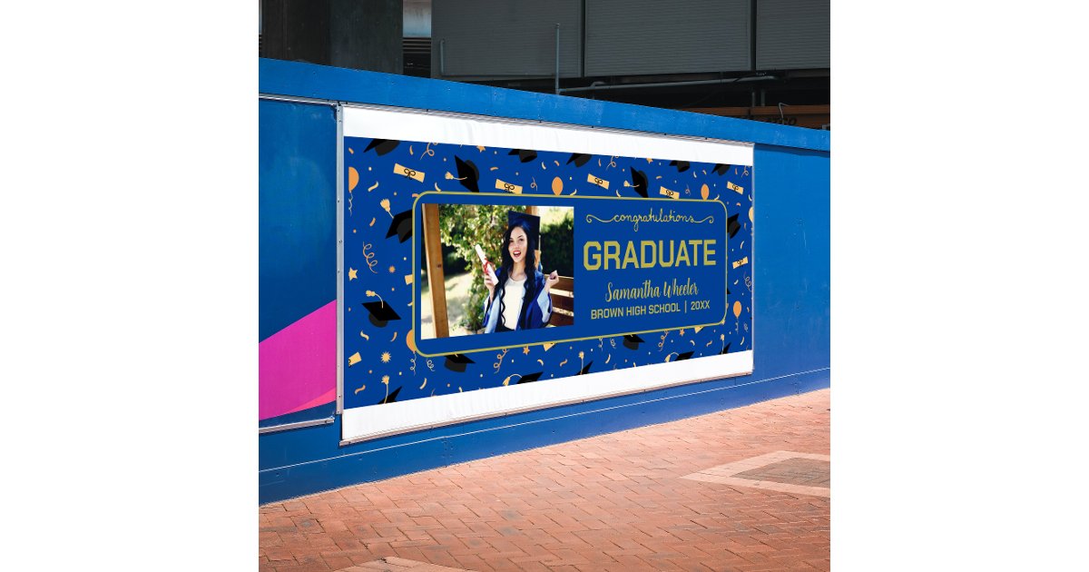 Blue Congrats Graduate Custom Photo Graduation Banner | Zazzle