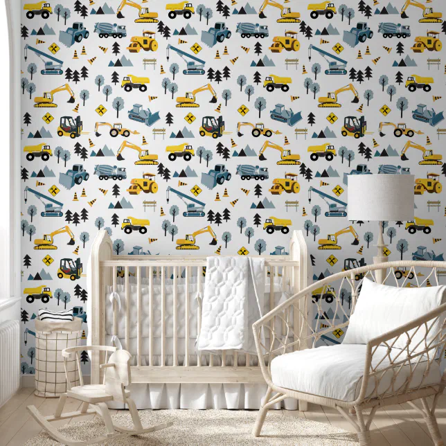 Blue Construction Trucks & Site Theme Pattern Wallpaper | Zazzle