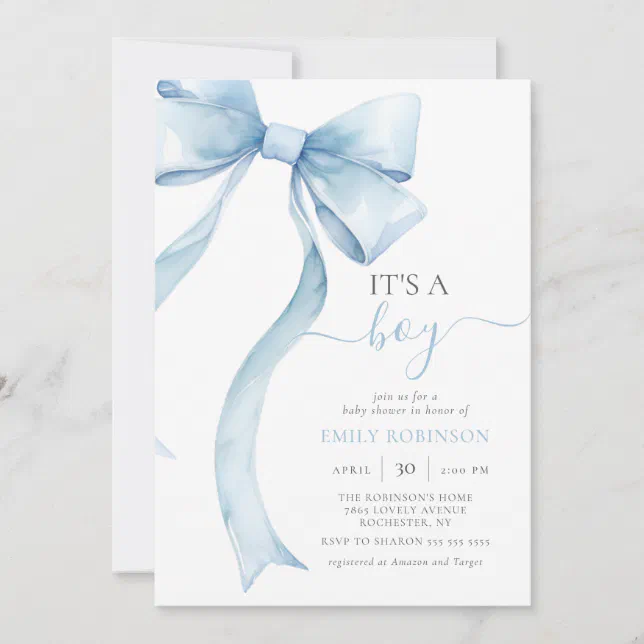 Blue Coquette Bow It's A Boy Baby Shower Gingham Invitation | Zazzle