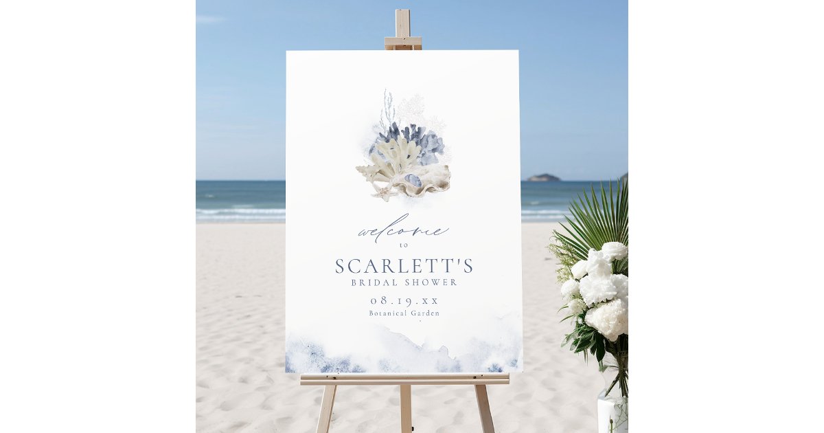 Blue Coral & Seashells Beach bridal shower welcome Foam Board | Zazzle