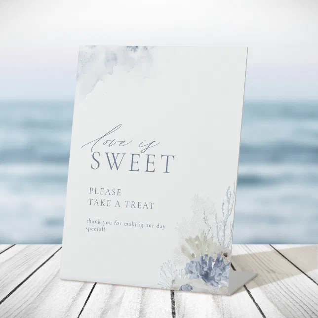 Blue Coral & Seashells Beach Love is Sweet Favor Pedestal Sign | Zazzle
