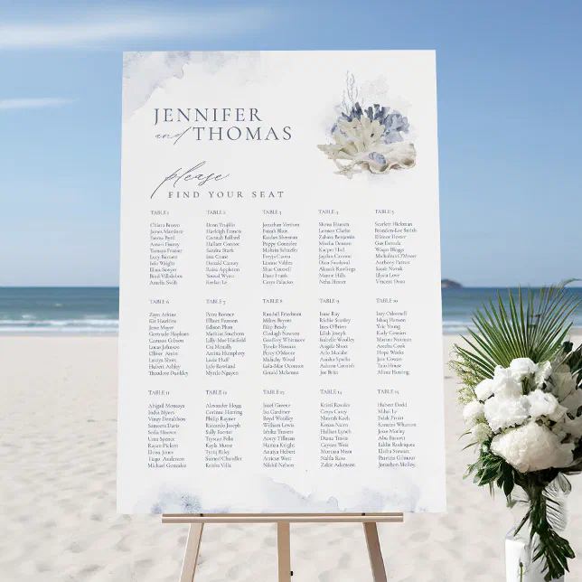 Blue Coral & Seashells Beach Wedding Seating Chart Foam Board | Zazzle