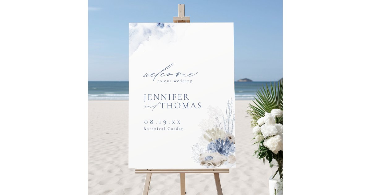 Blue Coral & Seashells Beach Wedding Welcome Sign | Zazzle