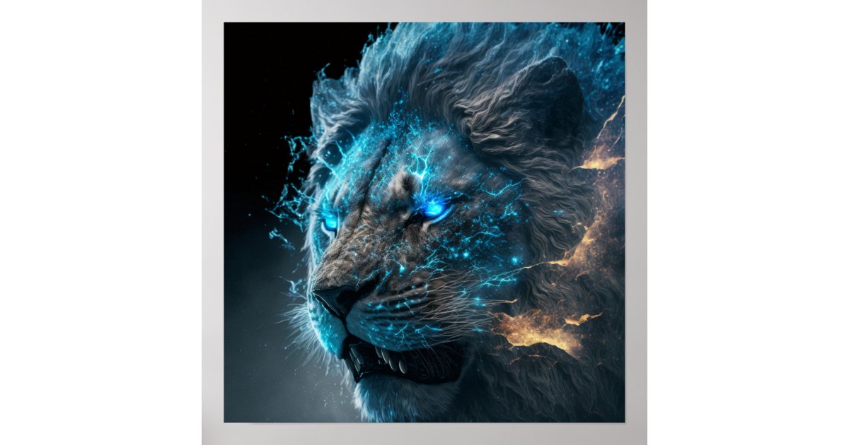 Blue Cosmic Glow Fire Lion Poster | Zazzle