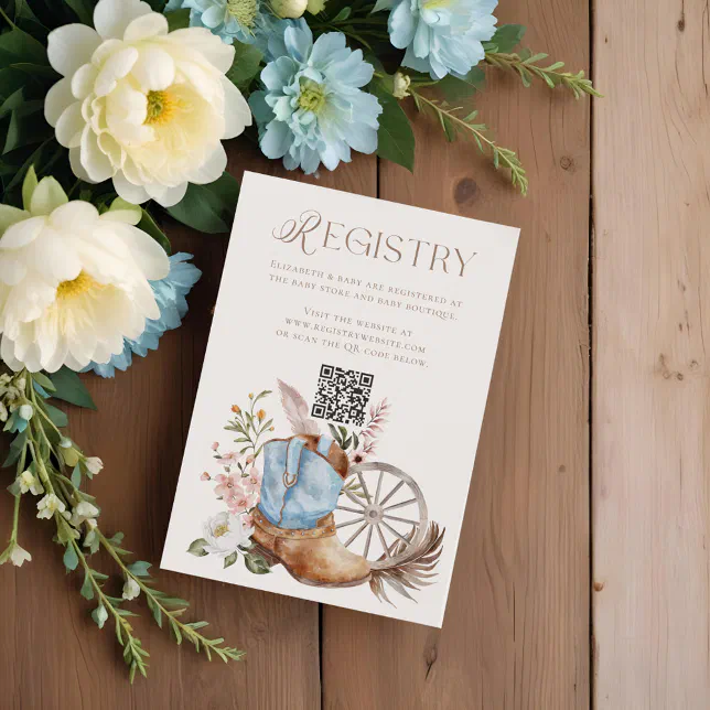 Blue Cowboyl Boot QR Code Registry Baby Shower Enclosure Card | Zazzle